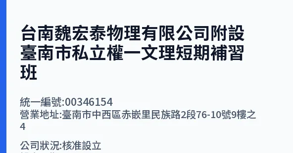台南魏宏泰物理有限公司附設臺南市私立權一文理短期補習班的照片-統編 00346154(臺南市) 公司登記資料與營業項目詳細圖表