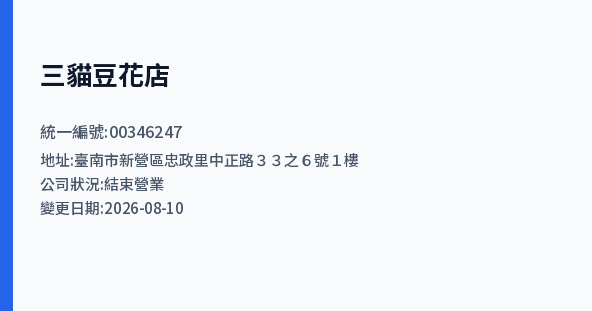 三貓豆花店的照片-統編 00346247(臺南市) 公司登記資料與營業項目詳細圖表