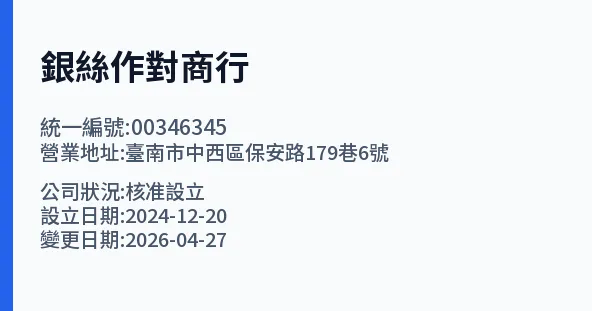 銀絲作對商行的照片-統編 00346345(臺南市) 公司登記資料與營業項目詳細圖表