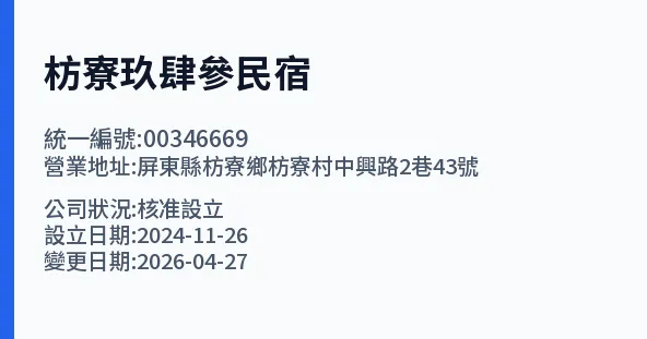 枋寮玖肆參民宿的照片-統編 00346669(屏東縣) 公司登記資料與營業項目詳細圖表