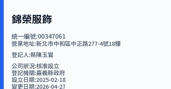 錦榮服飾的照片-統編 00347061(新北市) 公司登記資料與營業項目詳細圖表