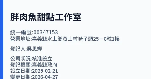 胖肉魚甜點工作室的照片-統編 00347153(嘉義縣) 公司登記資料與營業項目詳細圖表