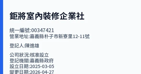 鉅將室內裝修企業社的照片-統編 00347421(嘉義縣) 公司登記資料與營業項目詳細圖表