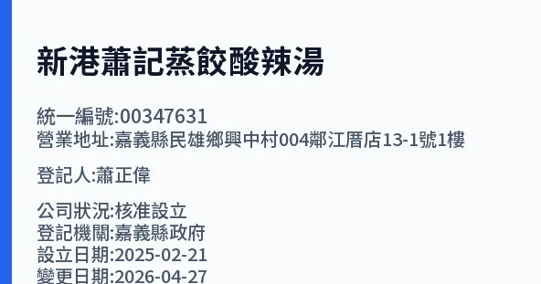 新港蕭記蒸餃酸辣湯的照片-統編 00347631(嘉義縣) 公司登記資料與營業項目詳細圖表