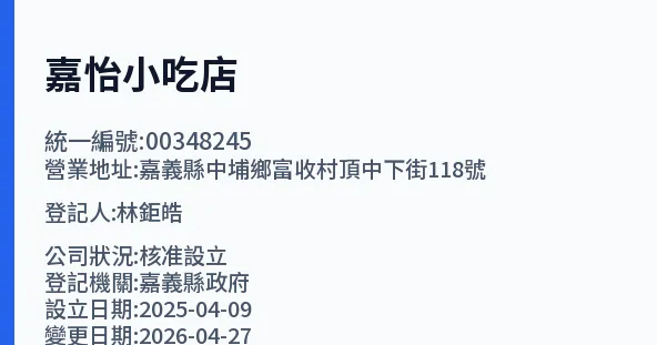 嘉怡小吃店的照片-統編 00348245(嘉義縣) 公司登記資料與營業項目詳細圖表