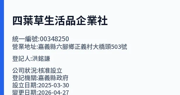 四葉草生活品企業社的照片-統編 00348250(嘉義縣) 公司登記資料與營業項目詳細圖表