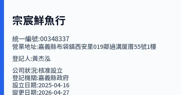 宗宸鮮魚行的照片-統編 00348337(嘉義縣) 公司登記資料與營業項目詳細圖表