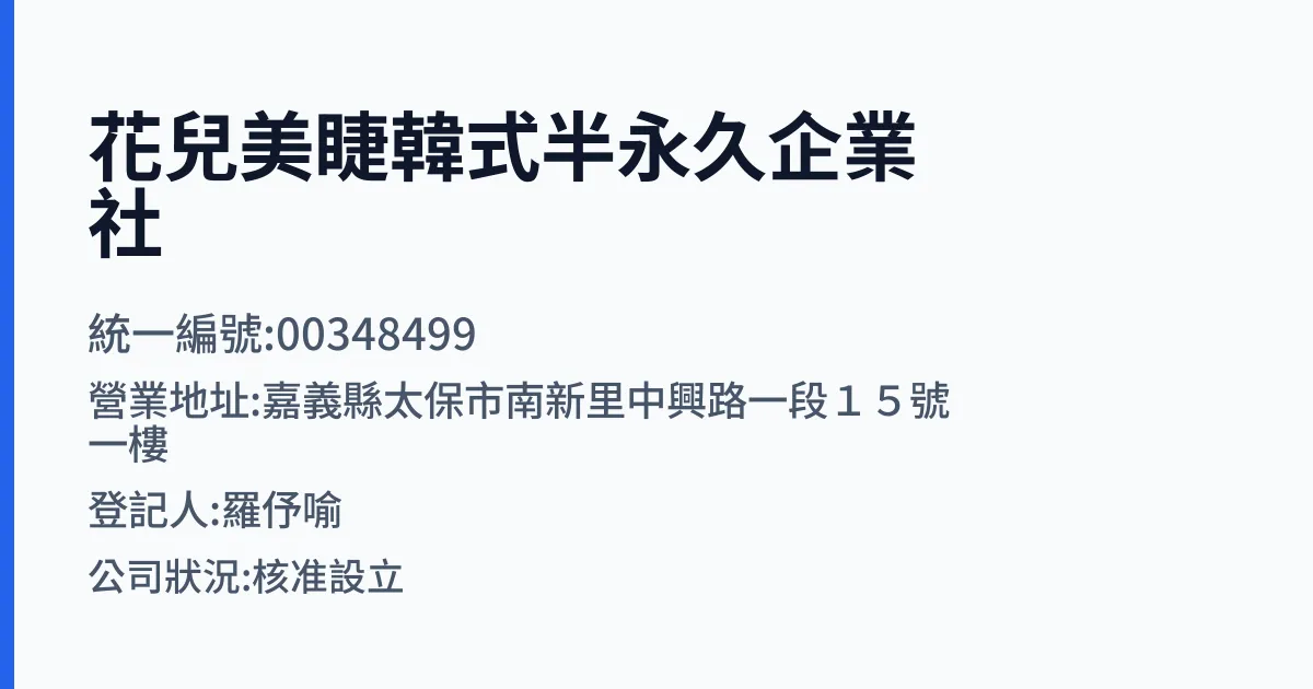 花兒美睫韓式半永久企業社 - 統編 00348499(嘉義縣) 公司登記資料與營業項目詳細圖表