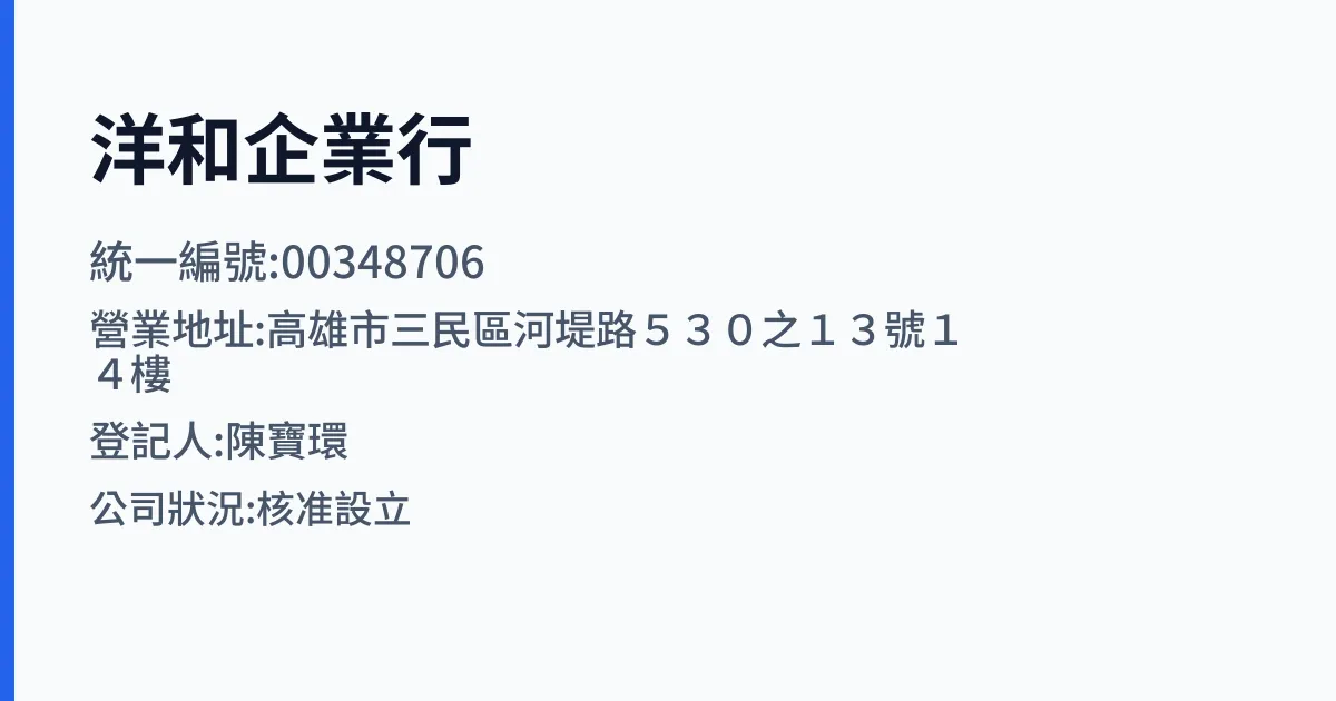 洋和企業行 - 統編 00348706(高雄市) 公司登記資料與營業項目詳細圖表