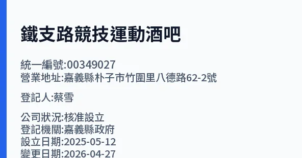 鐵支路競技運動酒吧的照片-統編 00349027(嘉義縣) 公司登記資料與營業項目詳細圖表