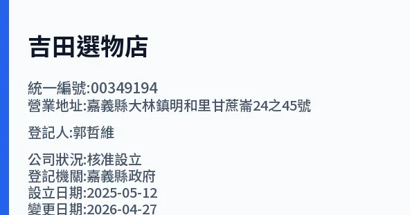 吉田選物店的照片-統編 00349194(嘉義縣) 公司登記資料與營業項目詳細圖表