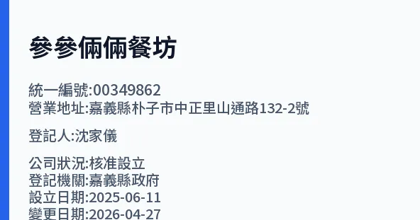 參參倆倆餐坊的照片-統編 00349862(嘉義縣) 公司登記資料與營業項目詳細圖表