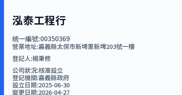泓泰工程行的照片-統編 00350369(嘉義縣) 公司登記資料與營業項目詳細圖表