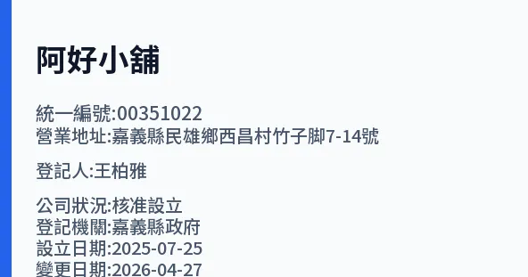 阿好小舖的照片-統編 00351022(嘉義縣) 公司登記資料與營業項目詳細圖表