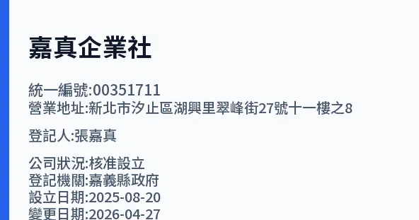 嘉真企業社的照片-統編 00351711(新北市) 公司登記資料與營業項目詳細圖表