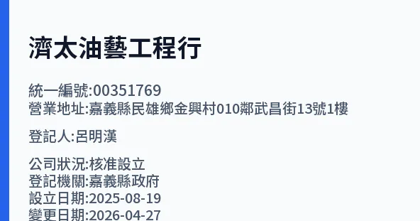 濟太油藝工程行的照片-統編 00351769(嘉義縣) 公司登記資料與營業項目詳細圖表