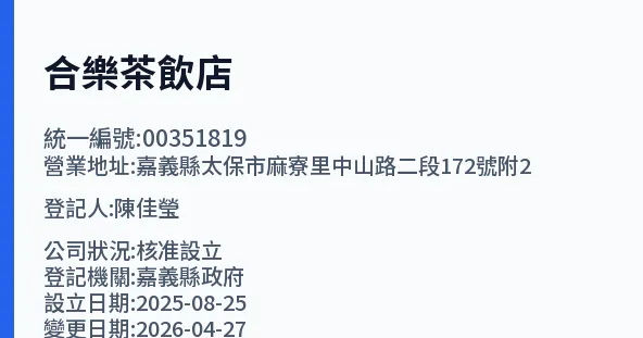 合樂茶飲店的照片-統編 00351819(嘉義縣) 公司登記資料與營業項目詳細圖表
