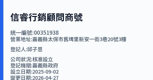 信睿行銷顧問商號的照片-統編 00351938(嘉義縣) 公司登記資料與營業項目詳細圖表