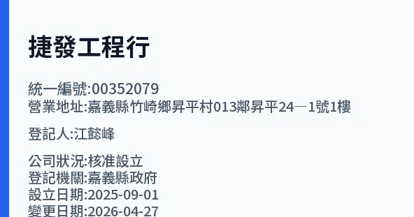 捷發工程行的照片-統編 00352079(嘉義縣) 公司登記資料與營業項目詳細圖表