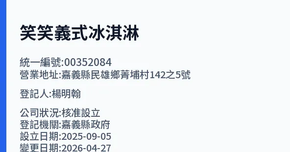 笑笑義式冰淇淋的照片-統編 00352084(嘉義縣) 公司登記資料與營業項目詳細圖表