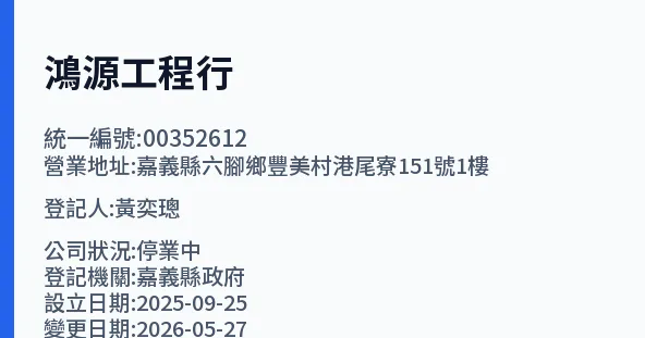 鴻源工程行的照片-統編 00352612(嘉義縣) 公司登記資料與營業項目詳細圖表