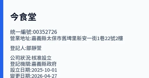 今食堂的照片-統編 00352726(嘉義縣) 公司登記資料與營業項目詳細圖表
