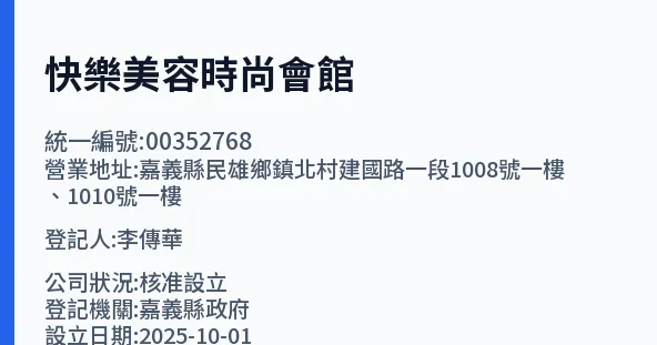 快樂美容時尚會館的照片-統編 00352768(嘉義縣) 公司登記資料與營業項目詳細圖表