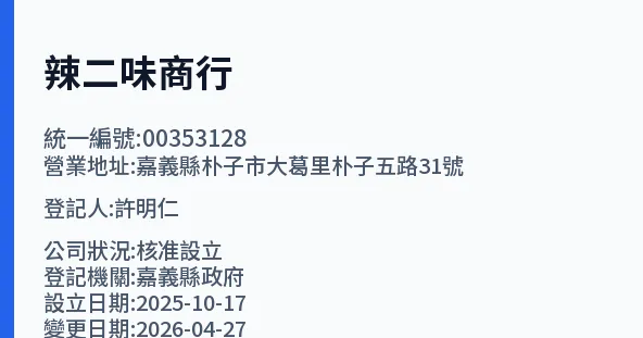 辣二味商行的照片-統編 00353128(嘉義縣) 公司登記資料與營業項目詳細圖表