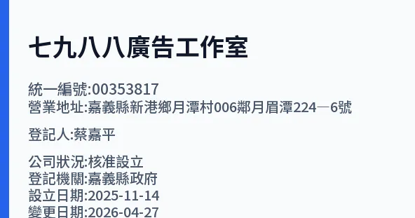 七九八八廣告工作室的照片-統編 00353817(嘉義縣) 公司登記資料與營業項目詳細圖表