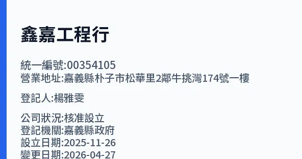 鑫嘉工程行的照片-統編 00354105(嘉義縣) 公司登記資料與營業項目詳細圖表