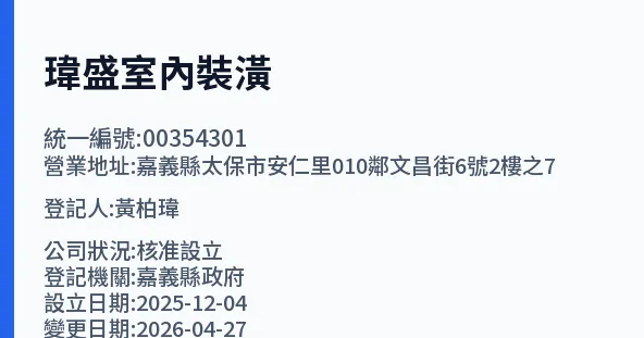 瑋盛室內裝潢的照片-統編 00354301(嘉義縣) 公司登記資料與營業項目詳細圖表
