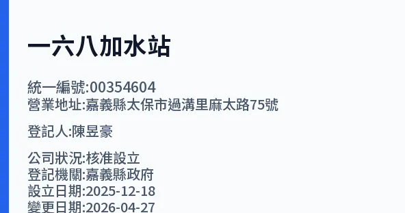 一六八加水站的照片-統編 00354604(嘉義縣) 公司登記資料與營業項目詳細圖表