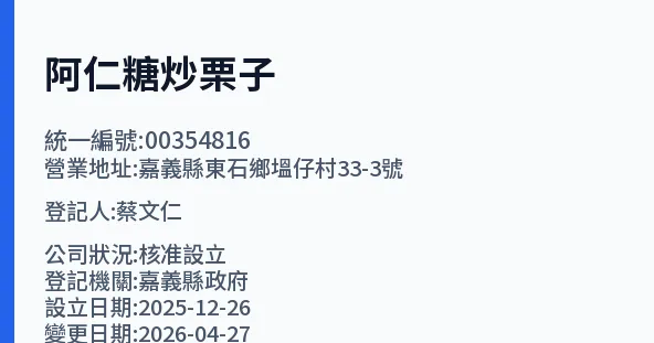 阿仁糖炒栗子的照片-統編 00354816(嘉義縣) 公司登記資料與營業項目詳細圖表