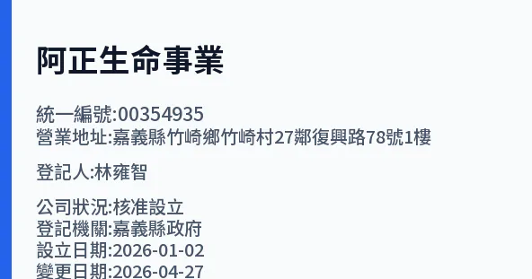 阿正生命事業的照片-統編 00354935(嘉義縣) 公司登記資料與營業項目詳細圖表