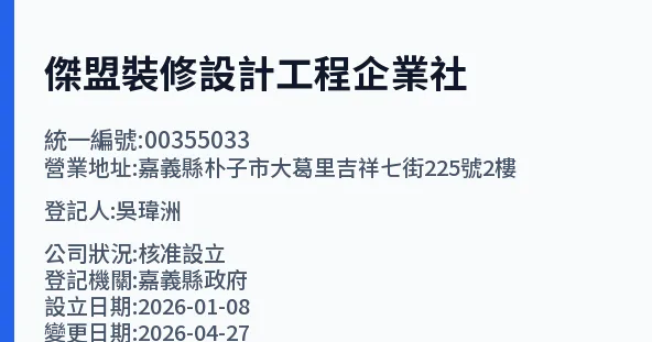 傑盟裝修設計工程企業社的照片-統編 00355033(嘉義縣) 公司登記資料與營業項目詳細圖表