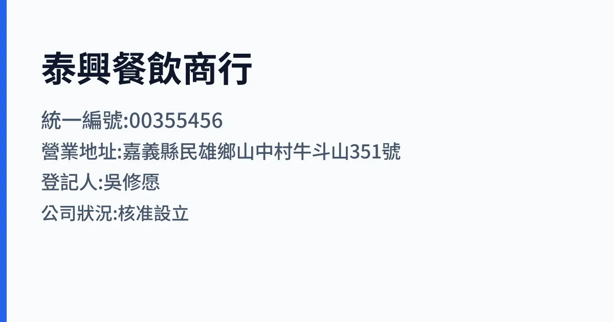 泰興餐飲商行 - 統編 00355456(嘉義縣) 公司登記資料與營業項目詳細圖表