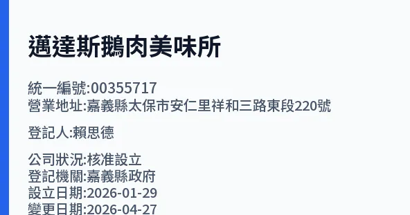 邁達斯鵝肉美味所的照片-統編 00355717(嘉義縣) 公司登記資料與營業項目詳細圖表