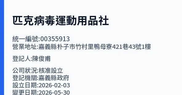 匹克病毒運動用品社的照片-統編 00355913(嘉義縣) 公司登記資料與營業項目詳細圖表