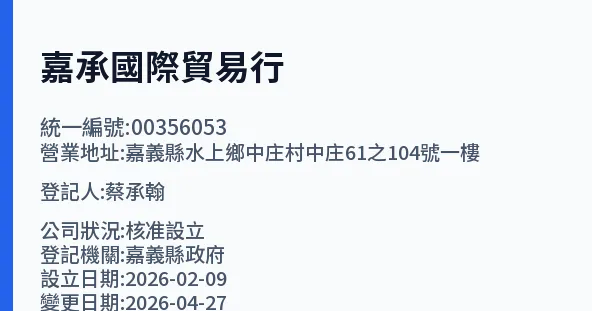 嘉承國際貿易行的照片-統編 00356053(嘉義縣) 公司登記資料與營業項目詳細圖表