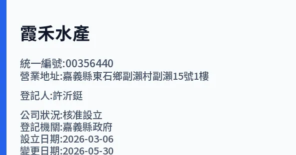 霞禾水產的照片-統編 00356440(嘉義縣) 公司登記資料與營業項目詳細圖表