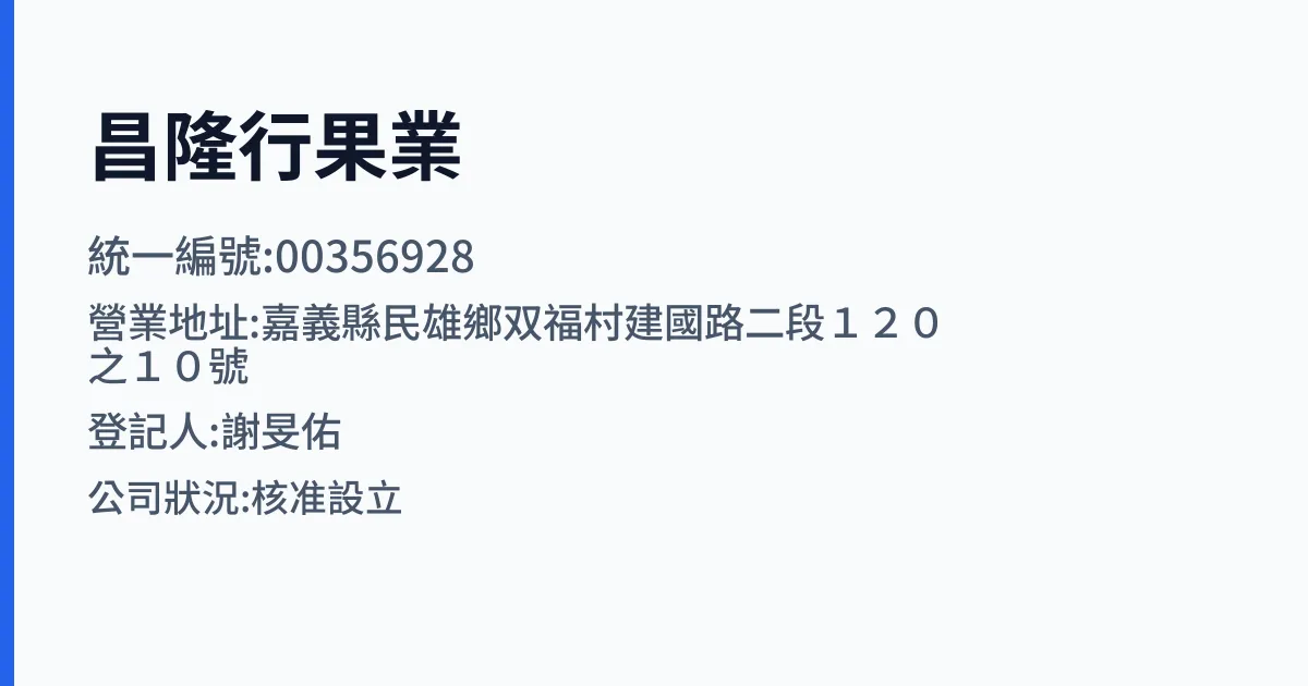 昌隆行果業 - 統編 00356928(嘉義縣) 公司登記資料與營業項目詳細圖表