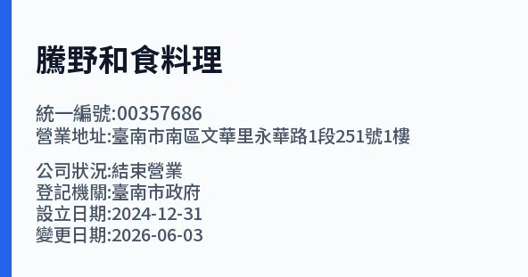 騰野和食料理的照片-統編 00357686(臺南市) 公司登記資料與營業項目詳細圖表
