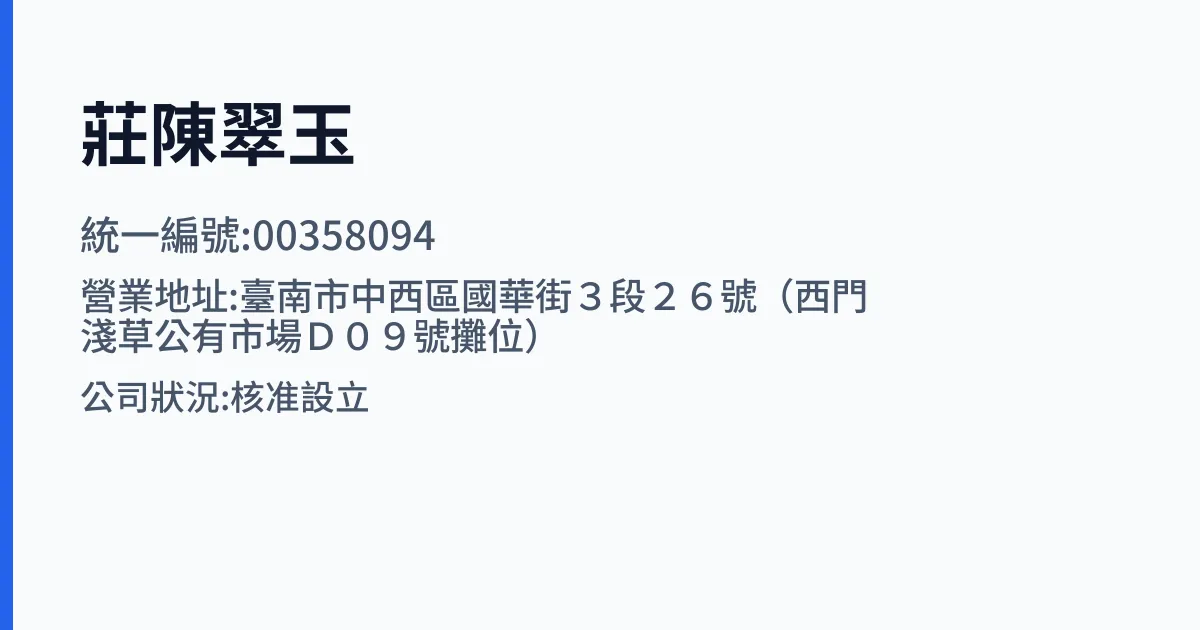 莊陳翠玉 - 統編 00358094(臺南市) 公司登記資料與營業項目詳細圖表