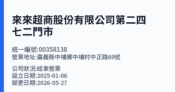 來來超商股份有限公司第二四七二門市的照片-統編 00358138(嘉義縣) 公司登記資料與營業項目詳細圖表