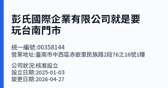 彭氏國際企業有限公司就是要玩台南門市的照片-統編 00358144(臺南市) 公司登記資料與營業項目詳細圖表