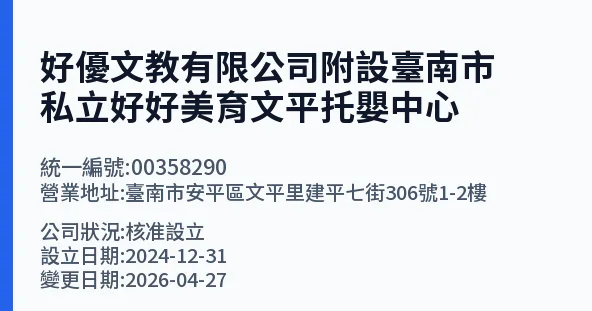 好優文教有限公司附設臺南市私立好好美育文平托嬰中心的照片-統編 00358290(臺南市) 公司登記資料與營業項目詳細圖表