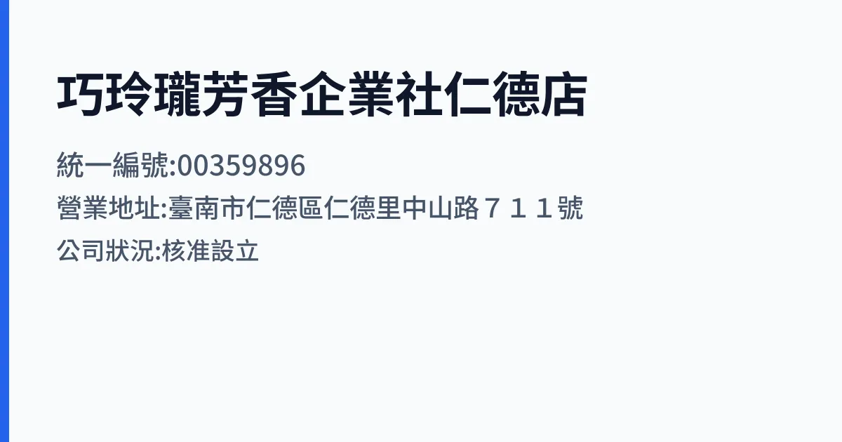 巧玲瓏芳香企業社仁德店 - 統編 00359896(臺南市) 公司登記資料與營業項目詳細圖表