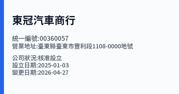 東冠汽車商行的照片-統編 00360057(臺東縣) 公司登記資料與營業項目詳細圖表