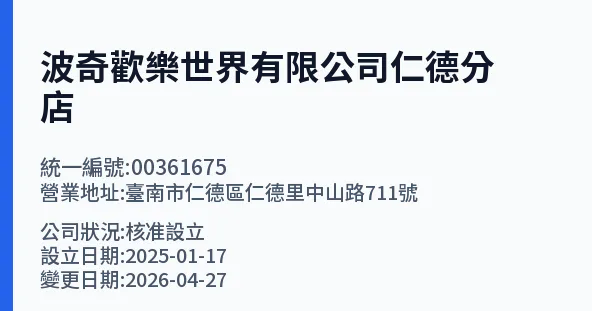 波奇歡樂世界有限公司仁德分店的照片-統編 00361675(臺南市) 公司登記資料與營業項目詳細圖表