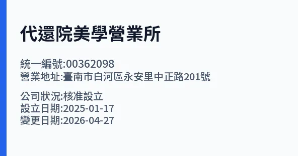 代還院美學營業所的照片-統編 00362098(臺南市) 公司登記資料與營業項目詳細圖表